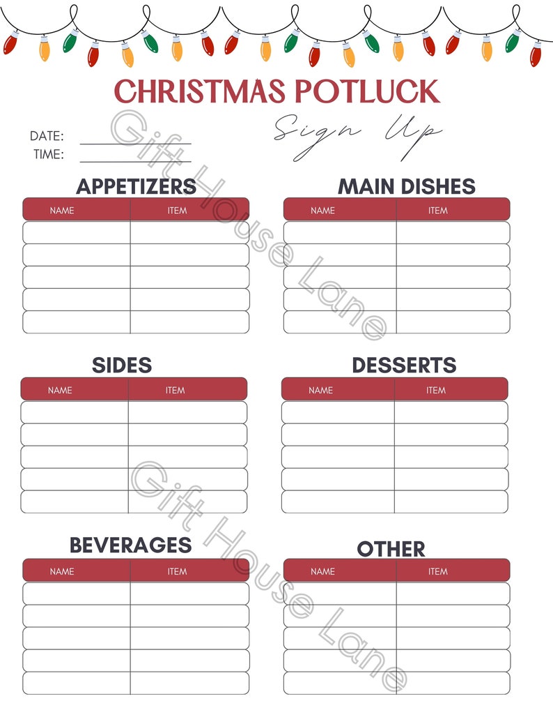 Christmas Potluck Sign up Sheet, Work Signup Printable Sheet, Holiday ...