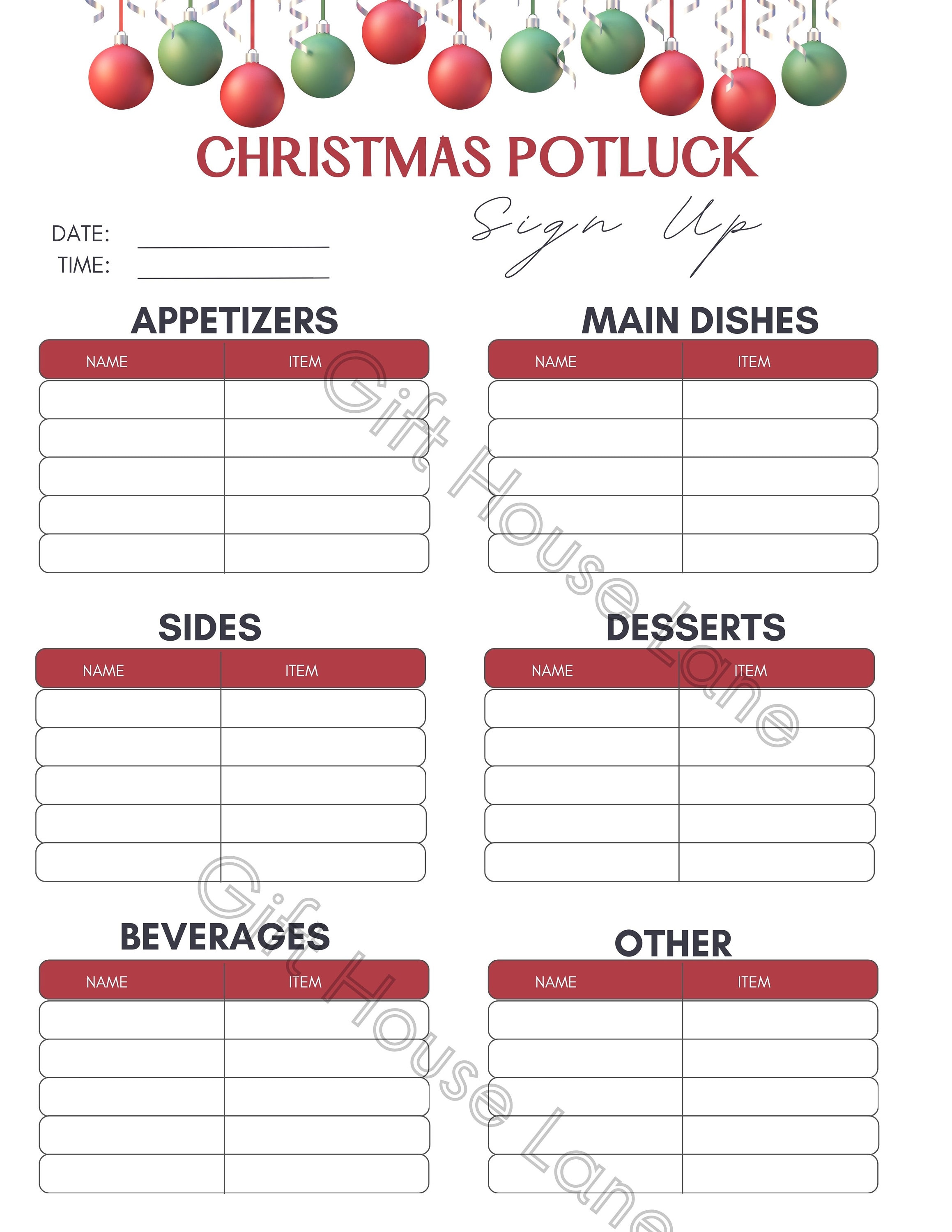 Christmas Potluck Sign up Sheet, Work Signup Printable Sheet, Holiday ...