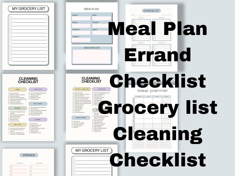 Cleaning Checklist With Meal Planner, Errand List, Grocery List Digital ...