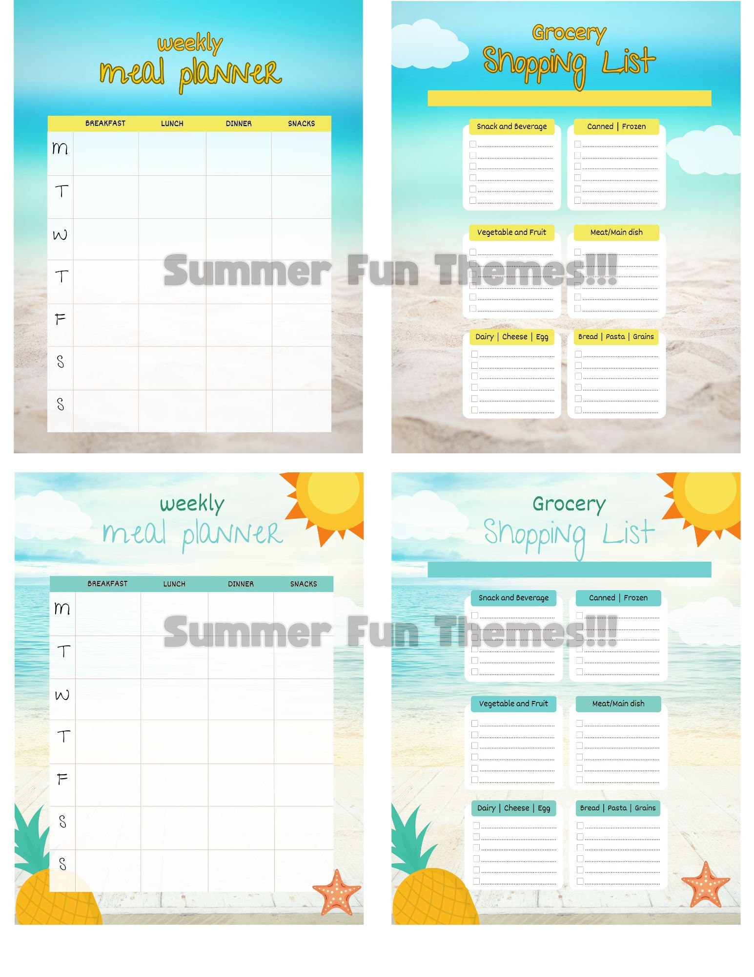 Printable Weekly Dinner Menu Planner, Summer Theme Beach Garden ...