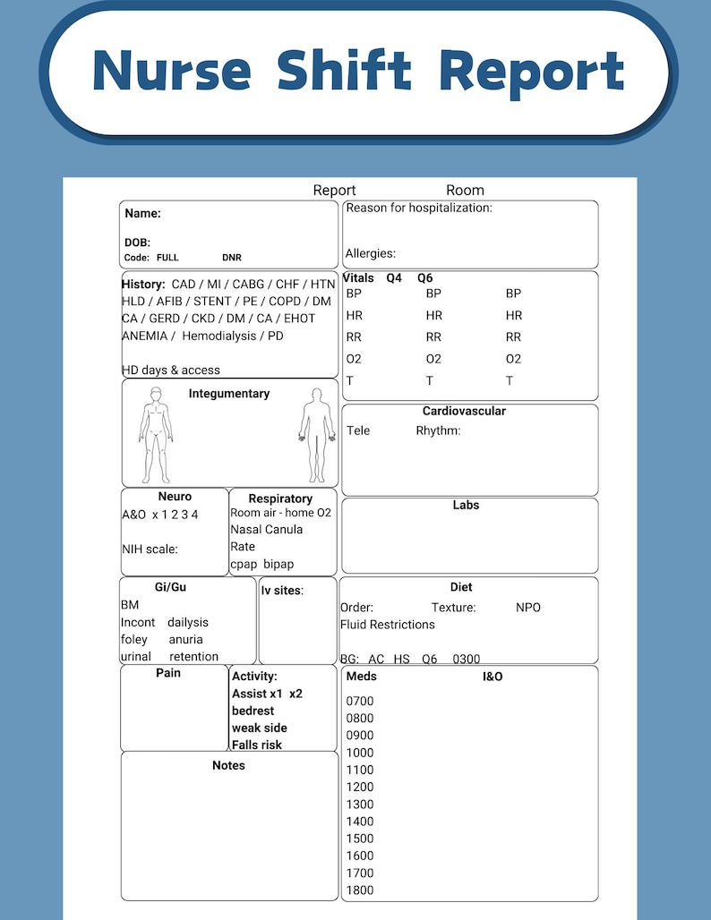 Nurse Shift Report Plus Hourly Planner - Med Surg Nurse Brain Sheet ...