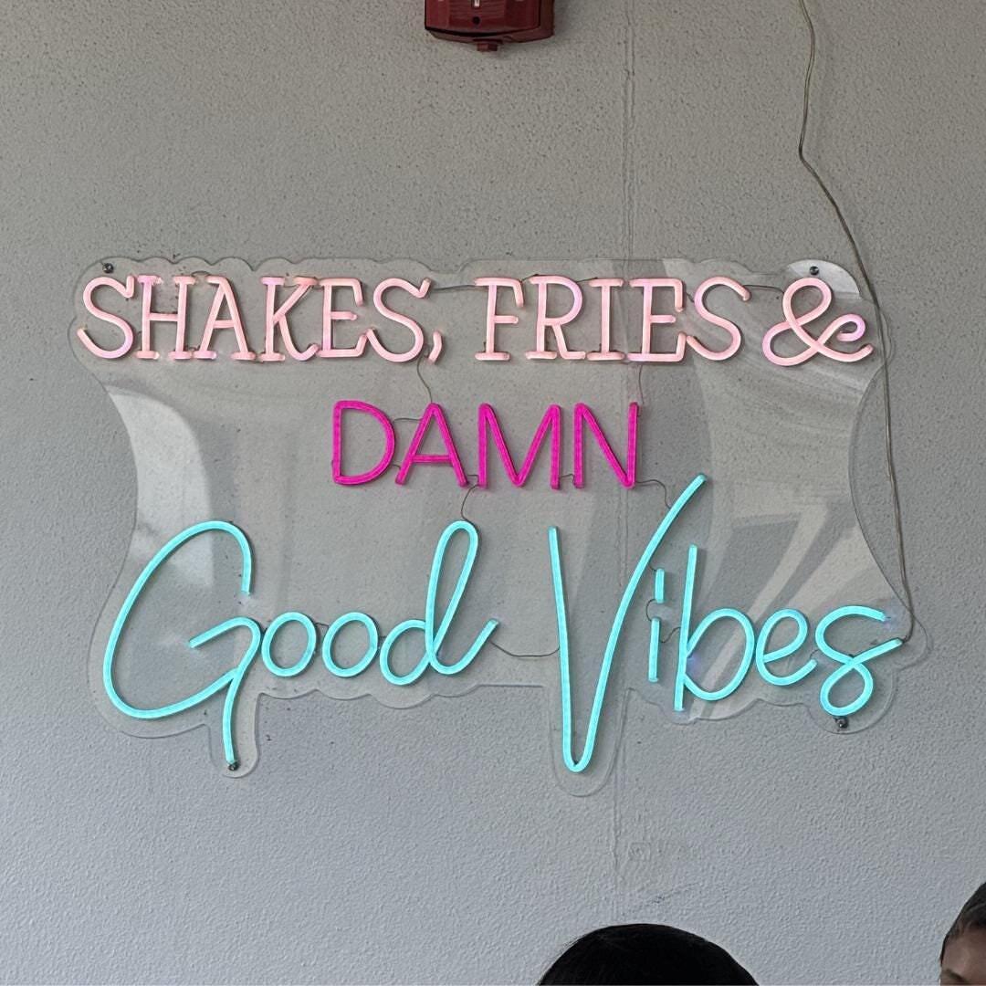 Shakes, Fries & Damn Good Vibes Neon Sign - Pizza Neon Sign - Love at ...