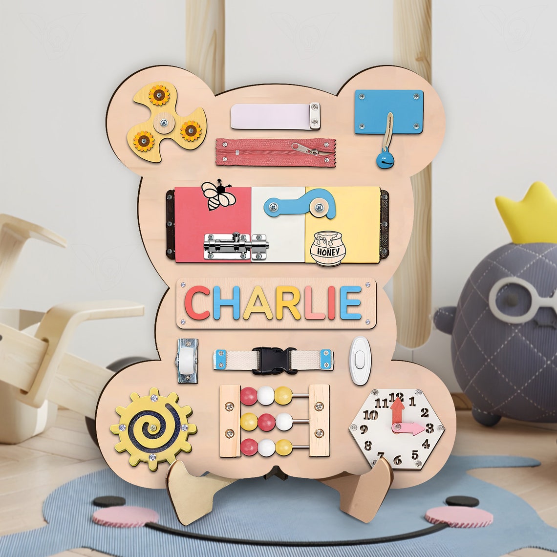 Personalized Blue Bear Busy Board for Baby Boy, Personalized Baby Gift ...