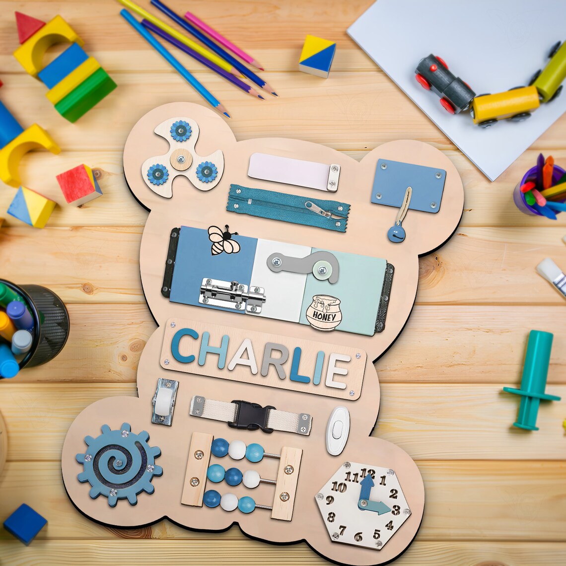 Personalized Blue Bear Busy Board for Baby Boy, Personalized Baby Gift ...