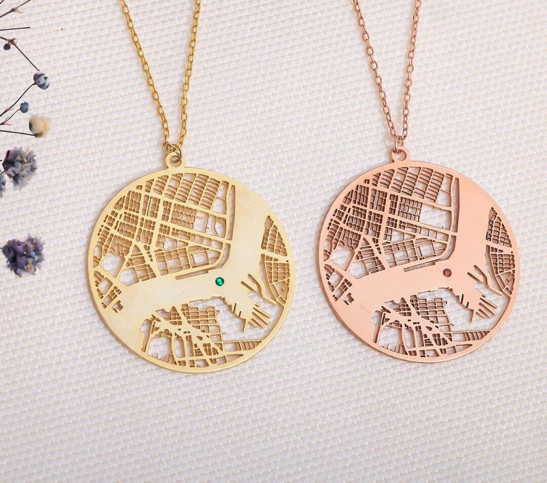 Birthstone Map Necklace, Birthstone Coordinate Pendant, Personalized ...