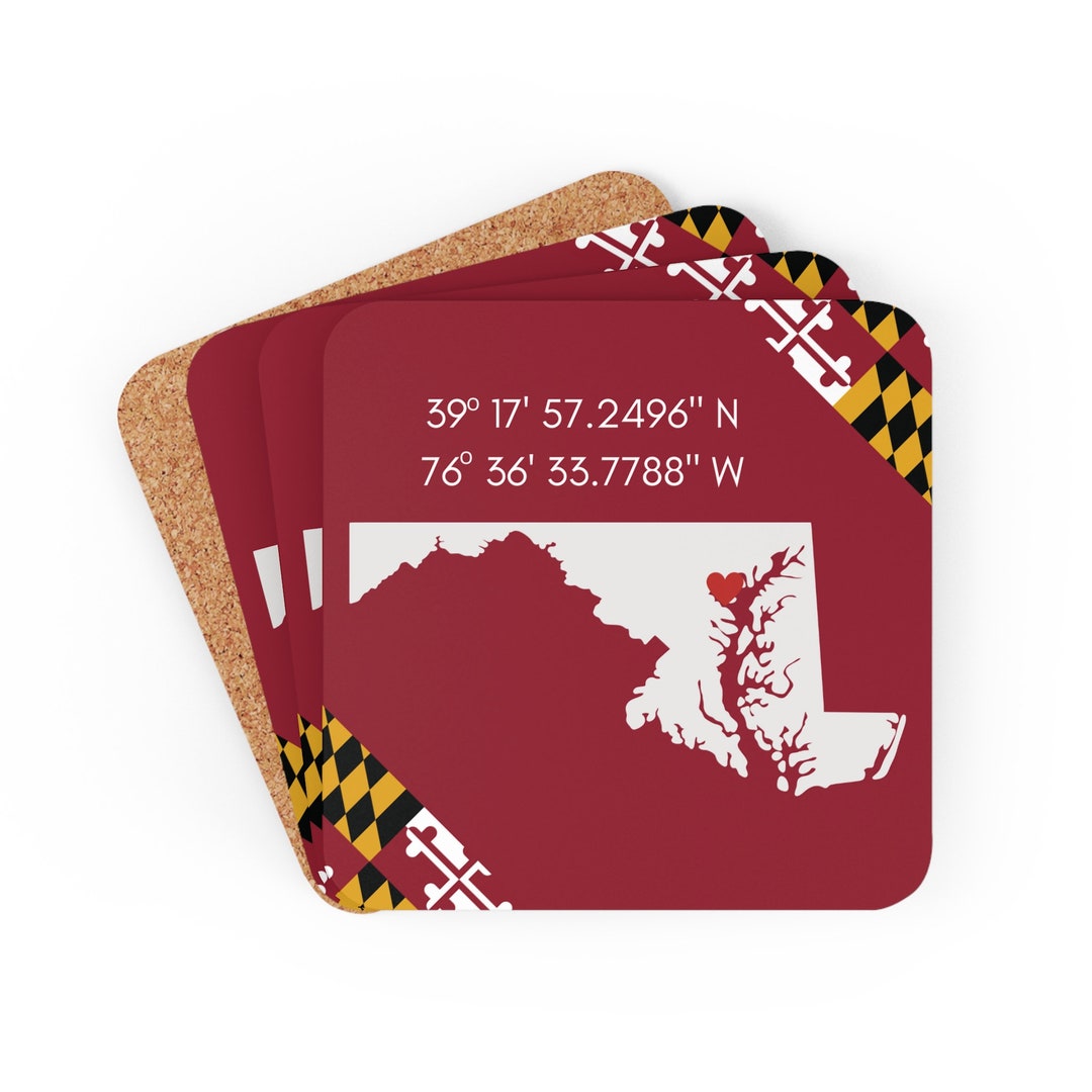 Cork Coasters, Baltimore GPS Coordinates, Set of 4, Cork Coasters ...