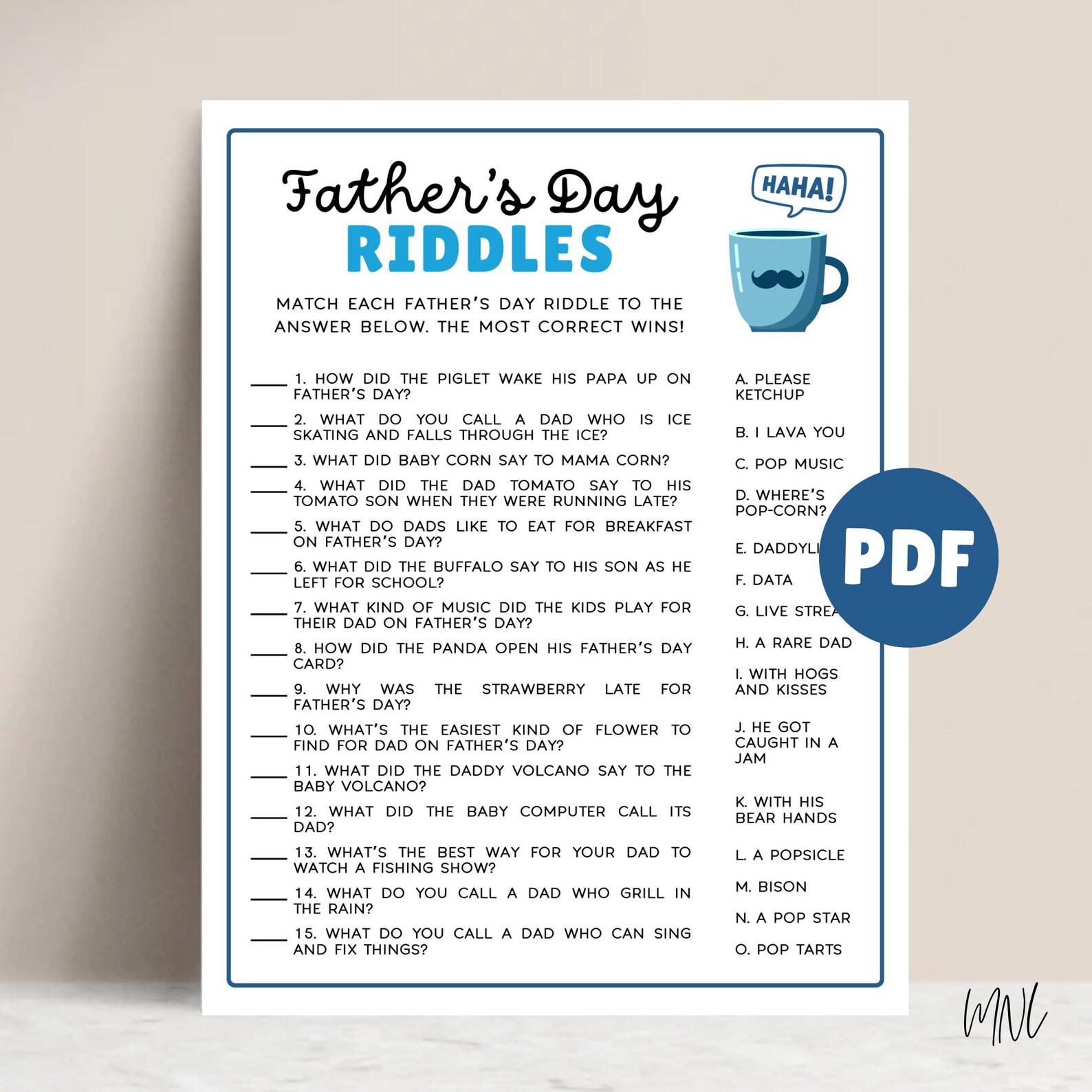Fathers Day Riddles Game for Funny Father’s Day Party, Printable Father ...