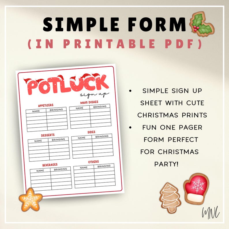 Christmas Potluck Sign up Sheet for Christmas Party, Printable ...