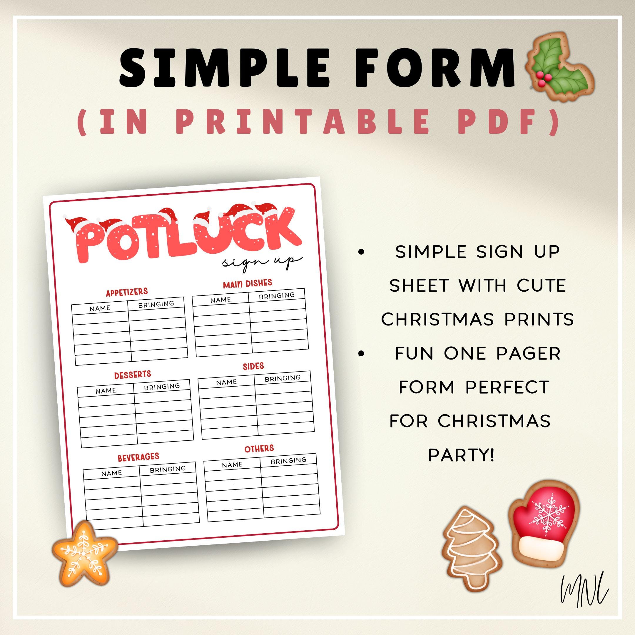 Christmas Potluck Sign up Sheet for Christmas Party, Printable ...