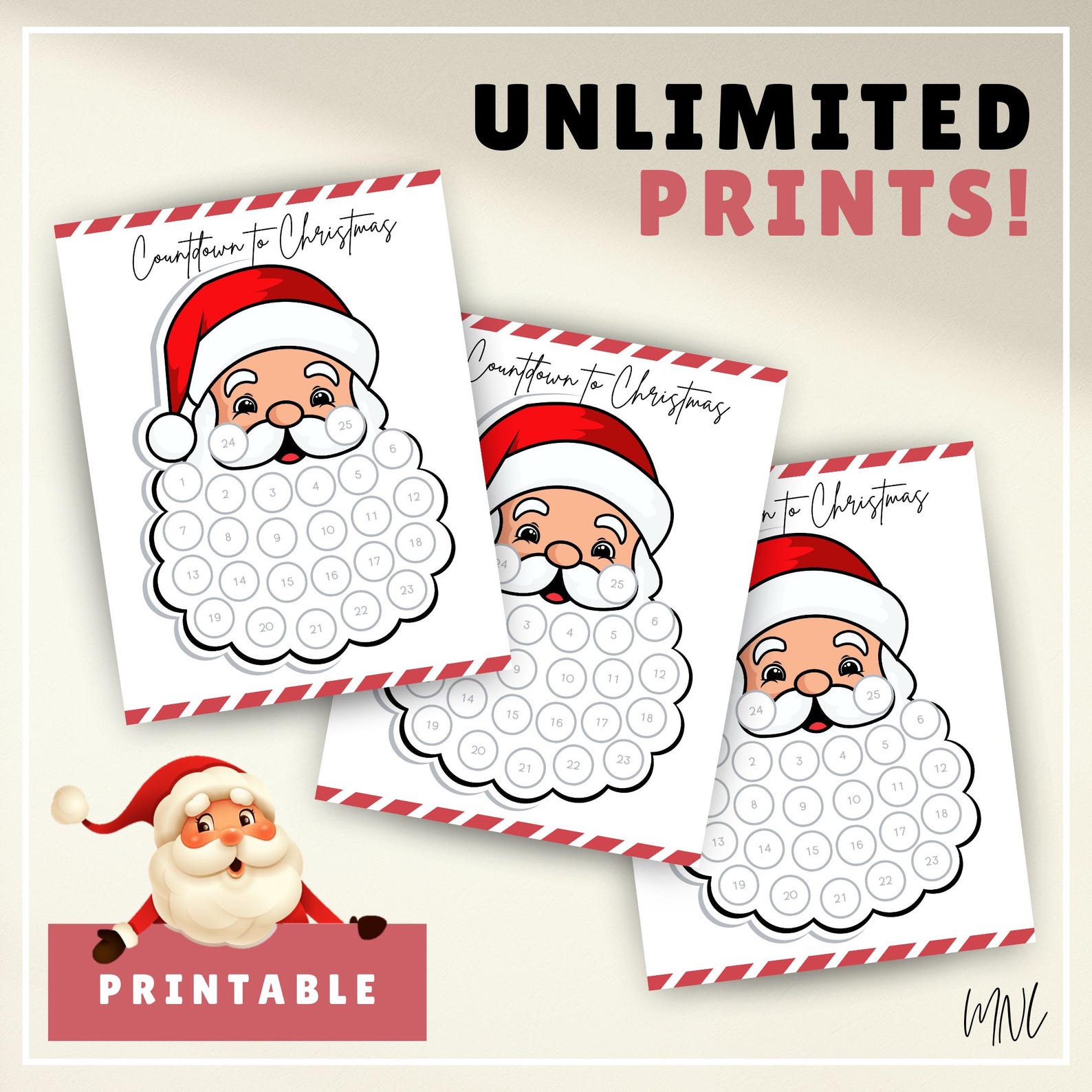 Santa Christmas Countdown Calendar Printable Advent Calendar Countdown ...