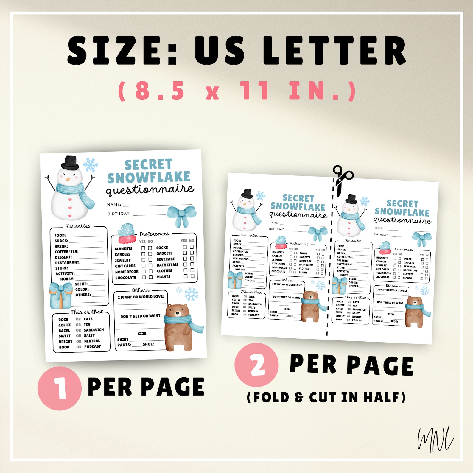 Secret Snowflake Questionnaire for Christmas Party Work Gift Exchange ...