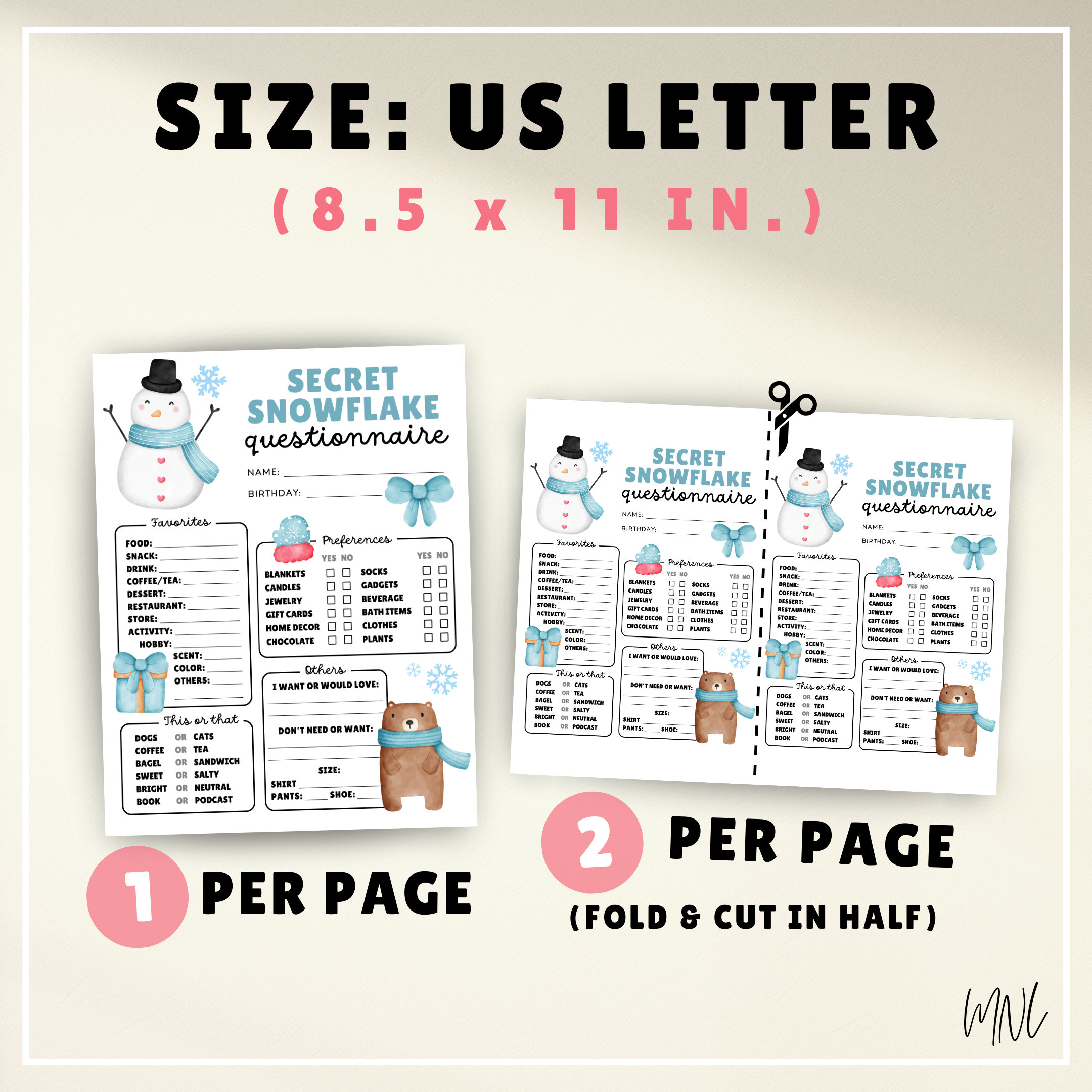 Secret Snowflake Questionnaire for Christmas Party Work Gift Exchange ...