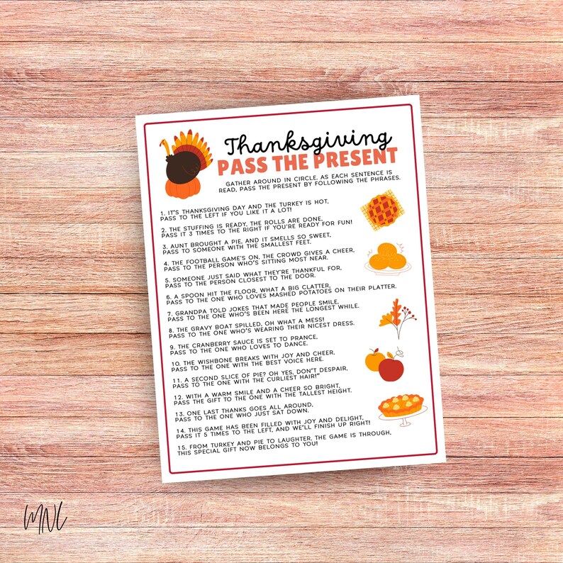 Pass the Present Thanksgiving Game, Pass the Gift Game for Thanksgiving ...