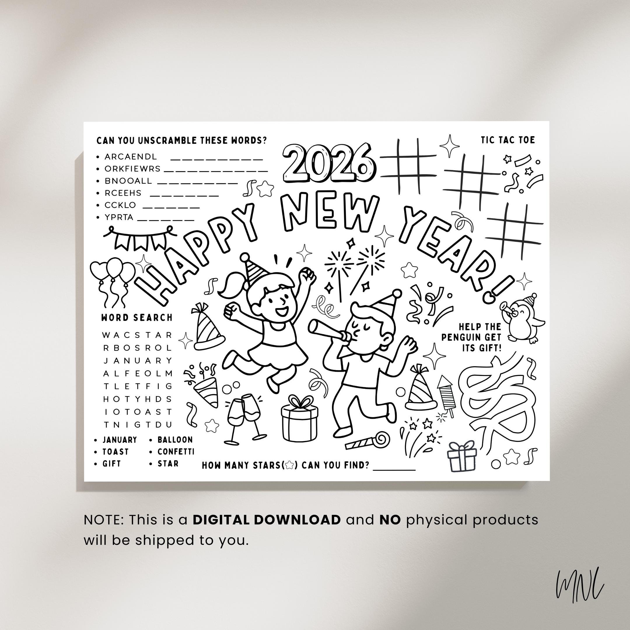 Happy New Year Coloring Placemat, Printable New Year Kids Activity for ...