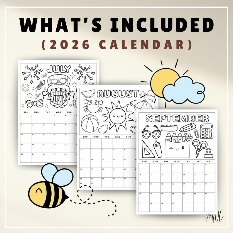 Kids Monthly Calendar 2026, Printable Coloring Calendar for Kids, 2026 ...