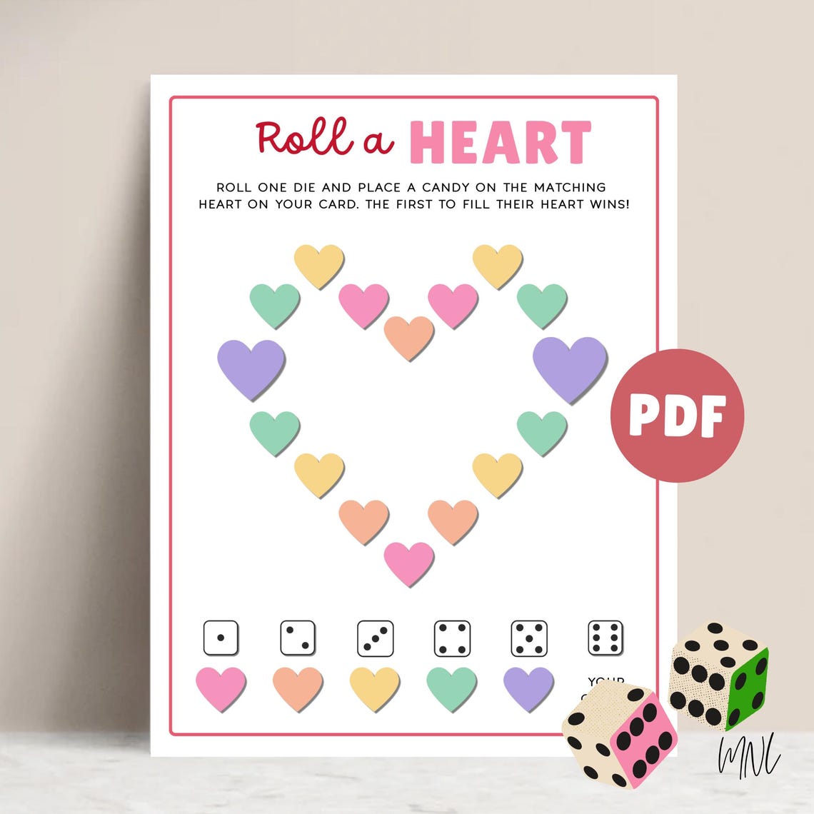 Roll a Heart Game for Valentine Party Game Printable Valentines ...