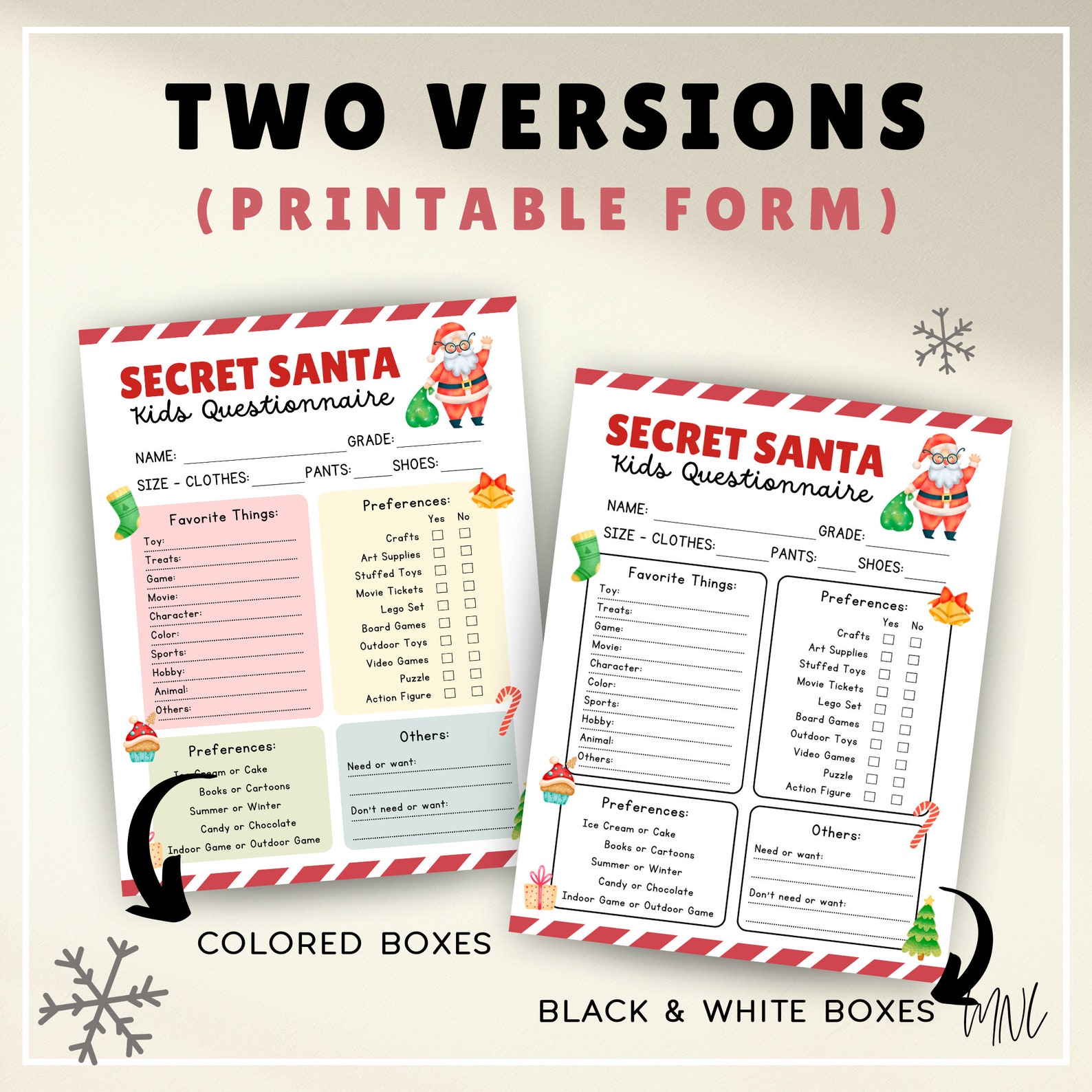 Secret Santa Questionnaire for Kids Christmas Party Gift Exchange Gift ...