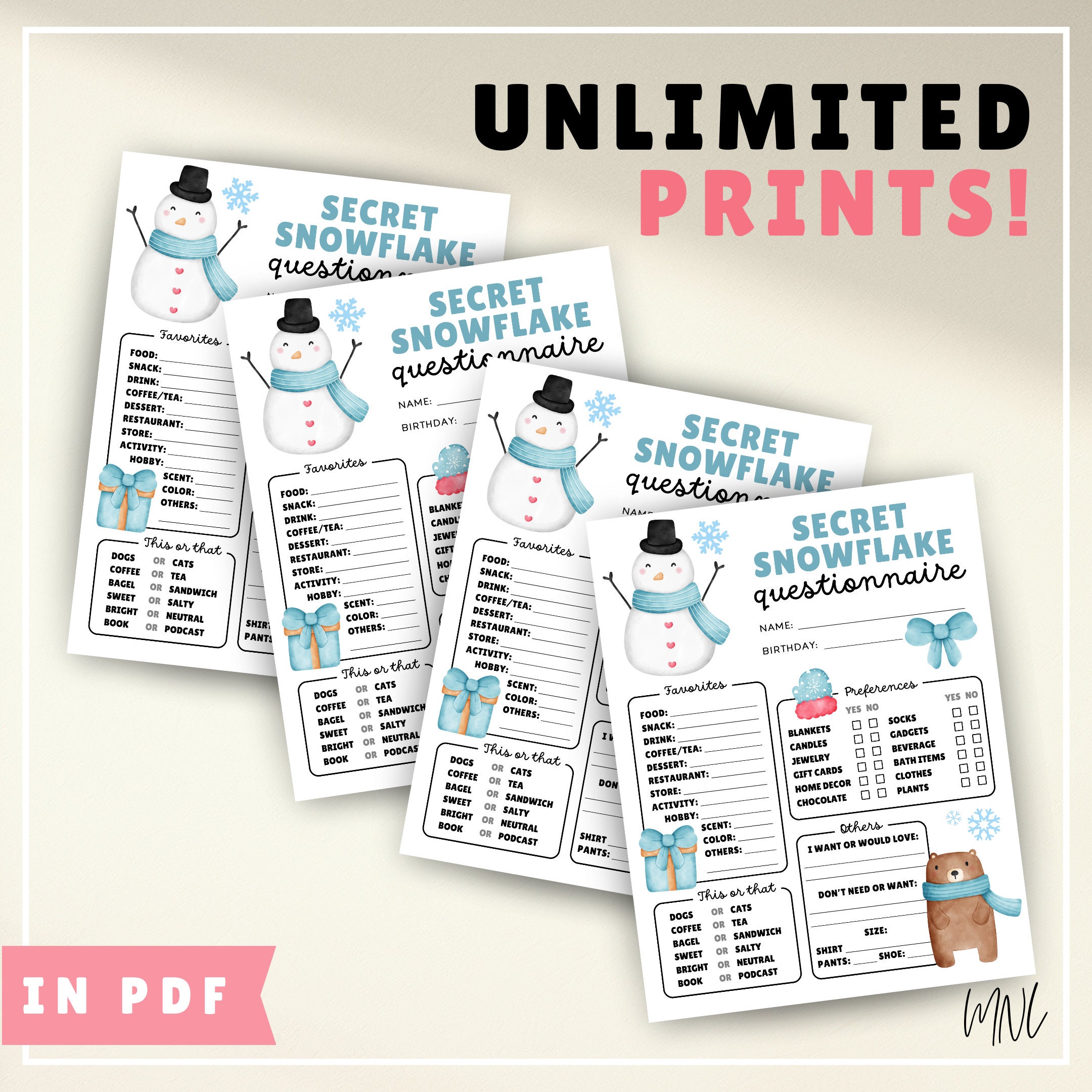 Secret Snowflake Questionnaire for Christmas Party Work Gift Exchange ...