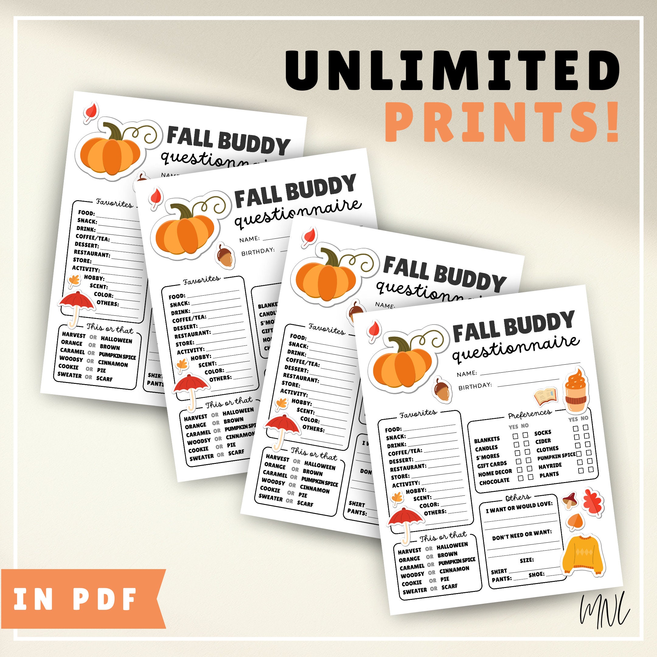 Fall Questionnaire for Fall Gift Exchange, Fall Buddy Questionnaire ...