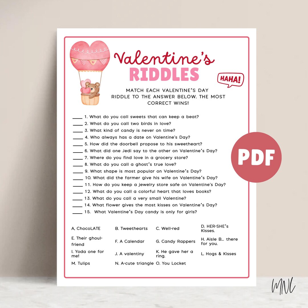 Valentines Riddles for Valentines Day Party Game Printable Valentines ...