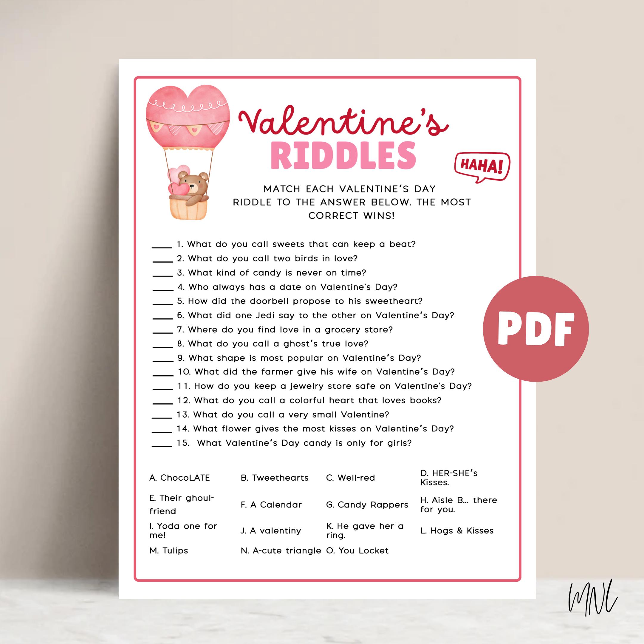 Valentines Riddles for Valentines Day Party Game Printable Valentines ...