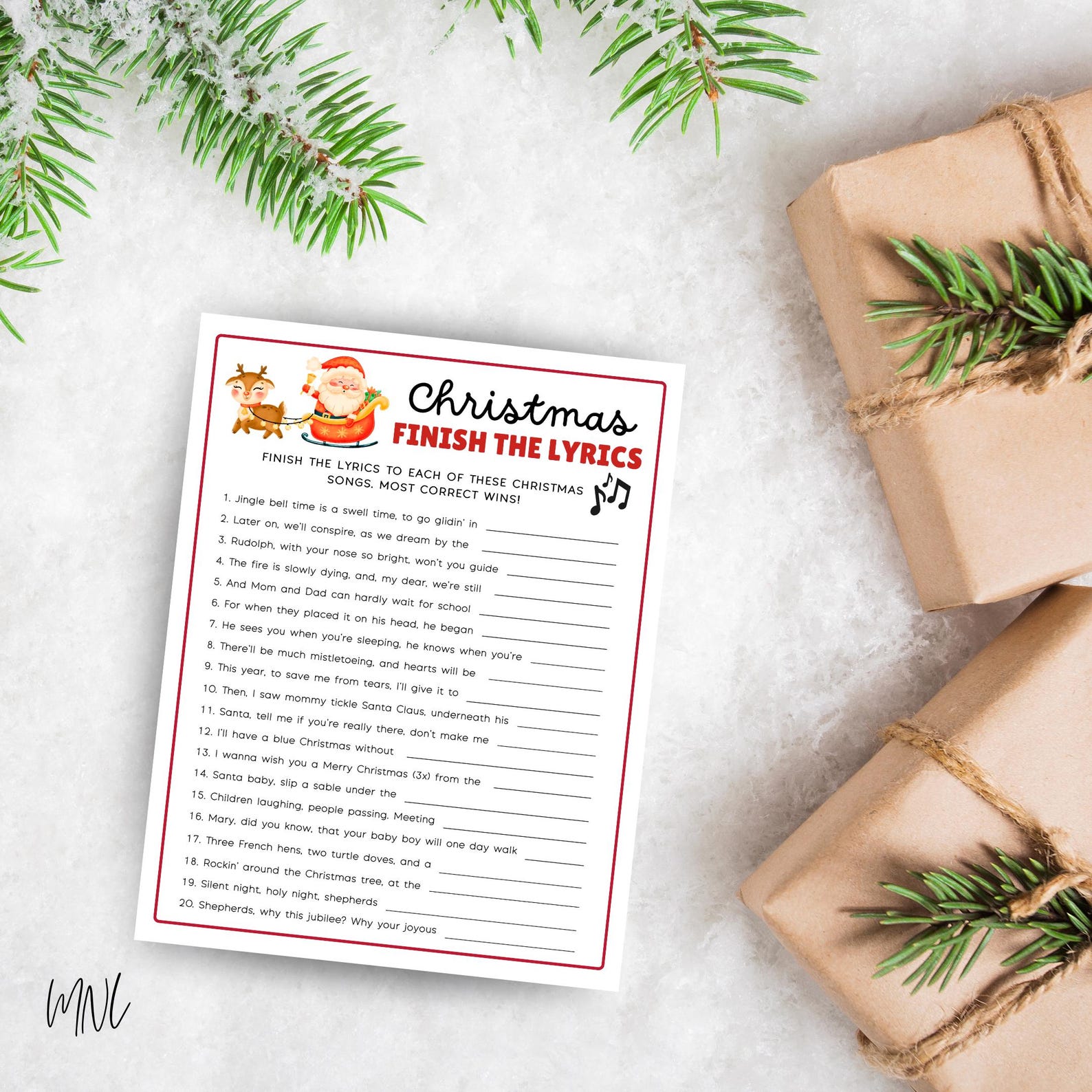 Christmas Song Game Finish the Lyrics Printable Christmas Party Game ...