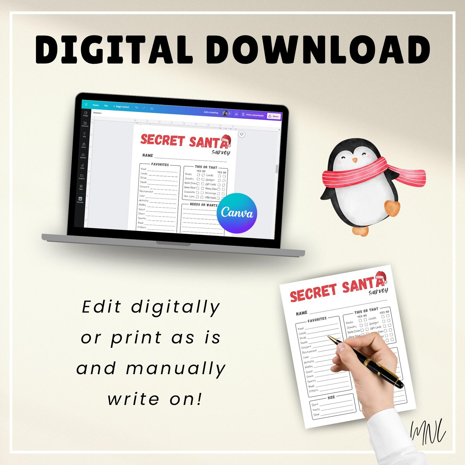 Secret Santa Questionnaire Editable Template, Secret Santa Form for ...