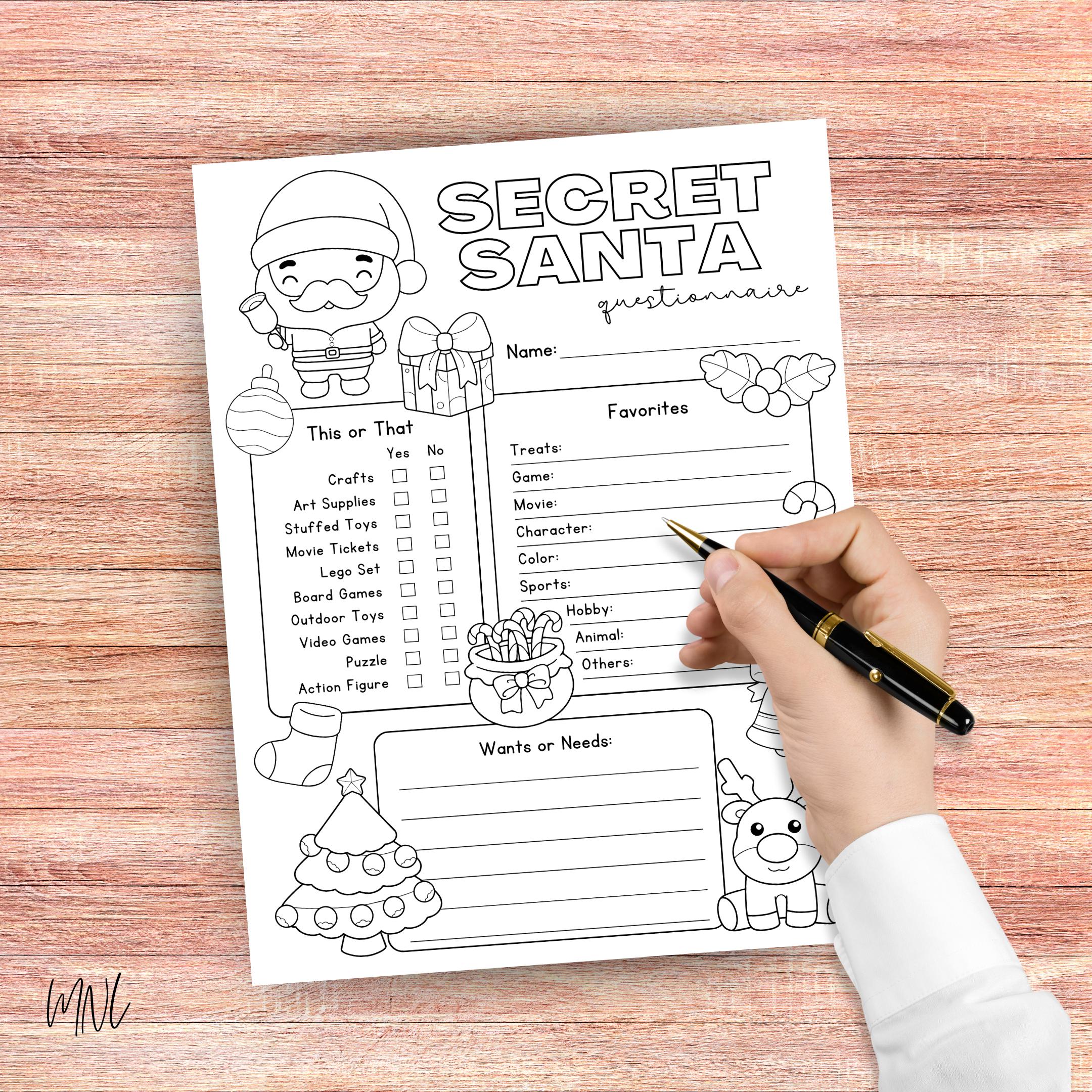 Secret Santa Questionnaire for Kids Christmas Party Gift Exchange Gift ...