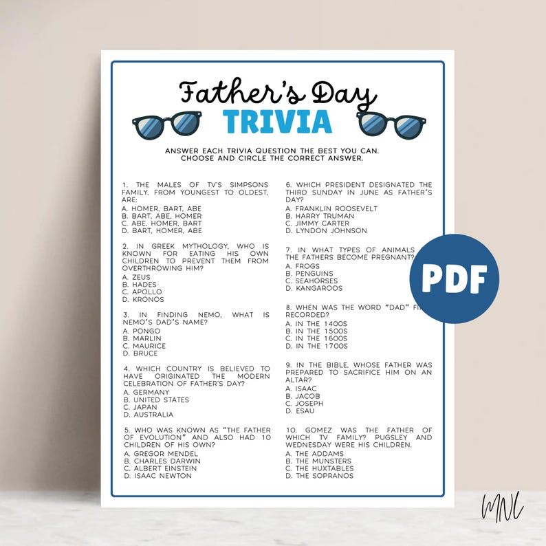 Fathers Day Trivia Game for Father’s Day Party, Printable Father’s Day ...