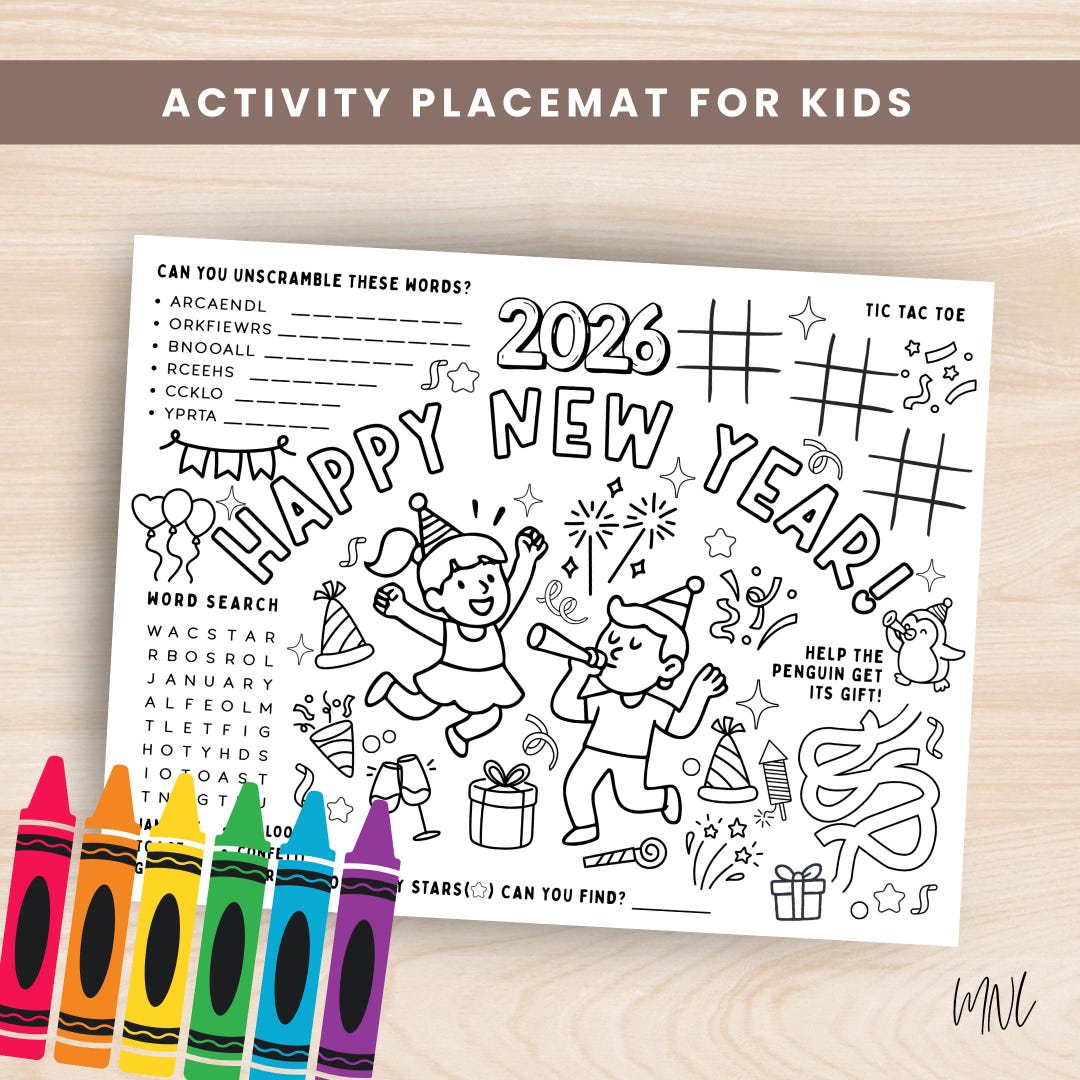 Happy New Year Coloring Placemat, Printable New Year Kids Activity for ...
