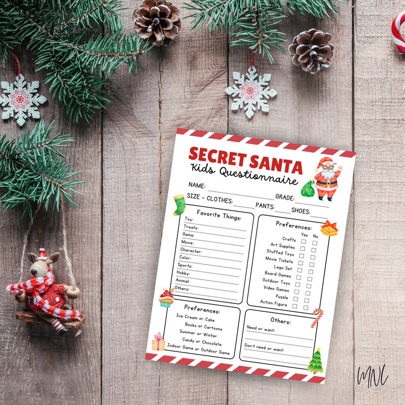 Secret Santa Questionnaire for Kids Christmas Party Gift Exchange Gift ...