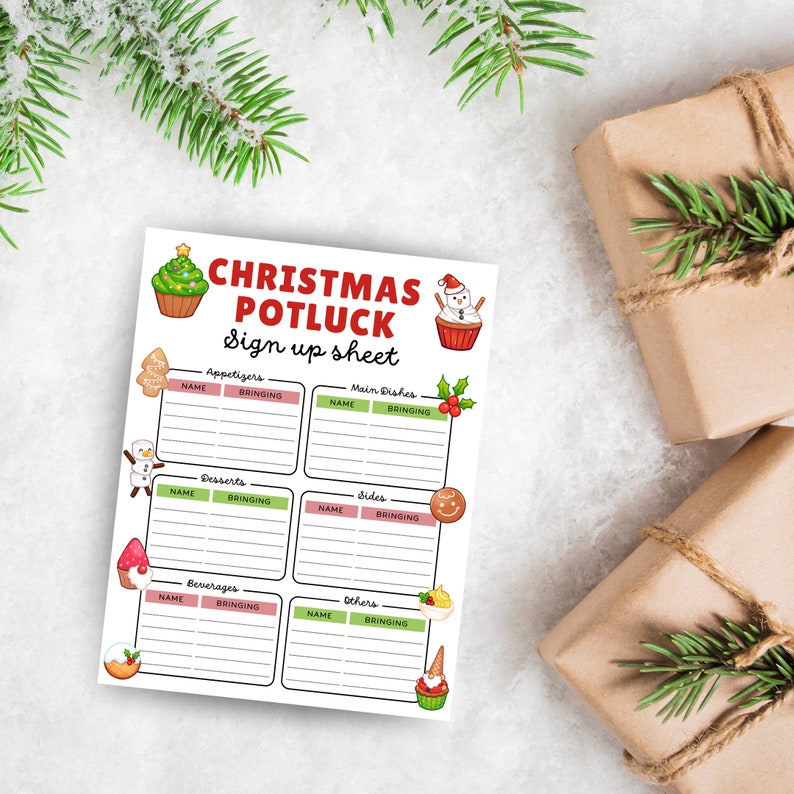 Christmas Potluck Sign up Sheet for Christmas Party, Printable ...