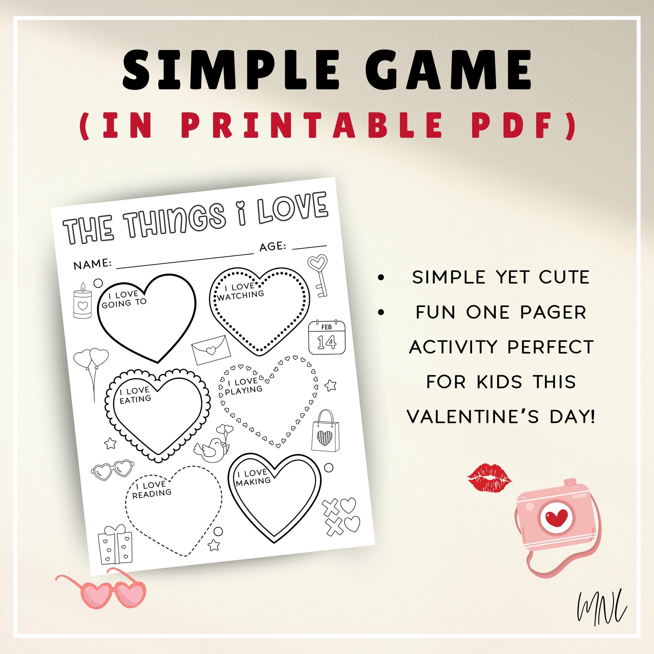 Valentine’s Day Kids Activity Coloring Page – Things I Love, Valentines ...