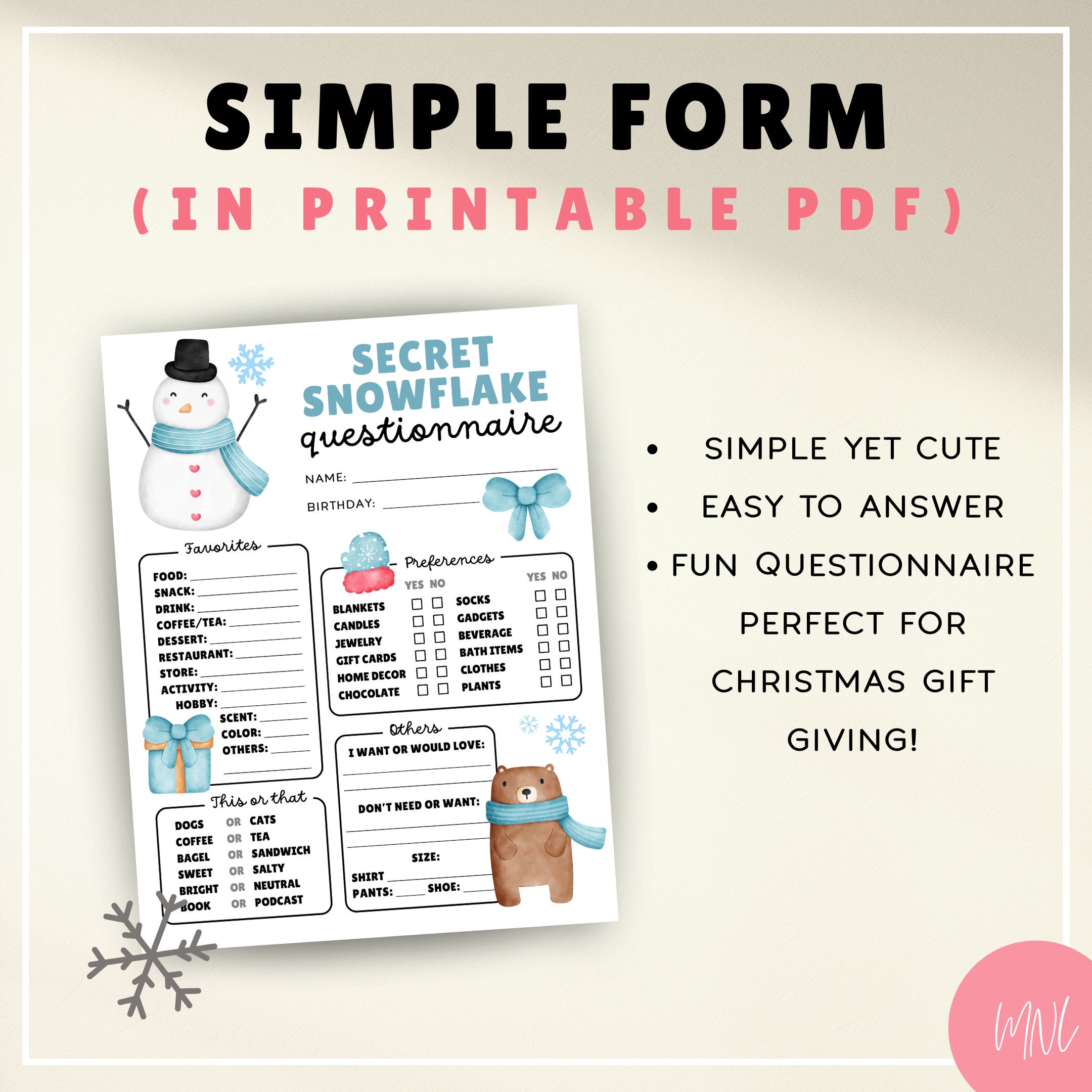 Secret Snowflake Questionnaire for Christmas Party Work Gift Exchange ...