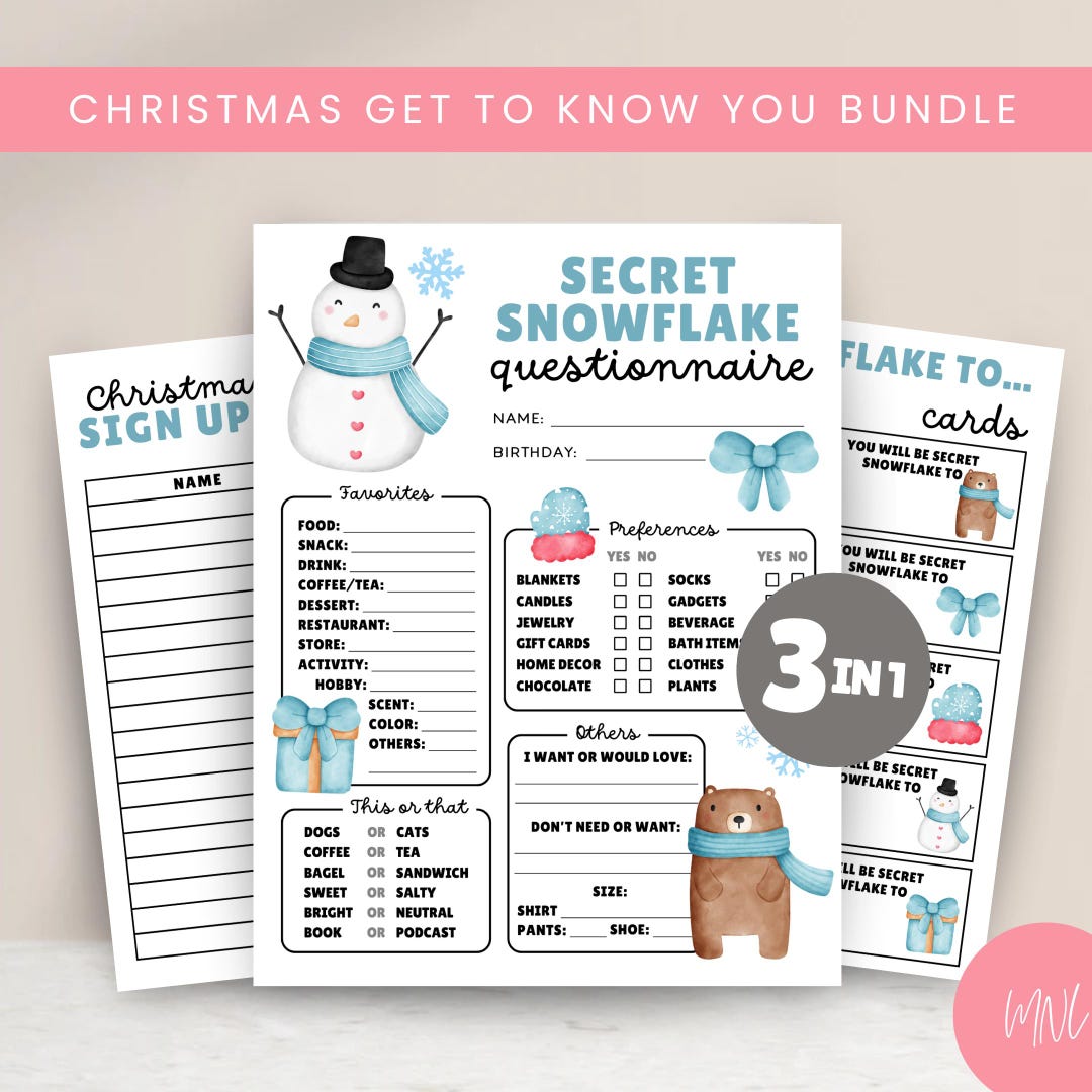 Secret Snowflake Questionnaire Bundle for Christmas Party, Work Gift ...
