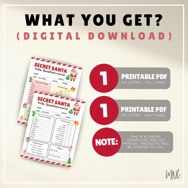 Secret Santa Questionnaire for Kids Christmas Party Gift Exchange Gift ...