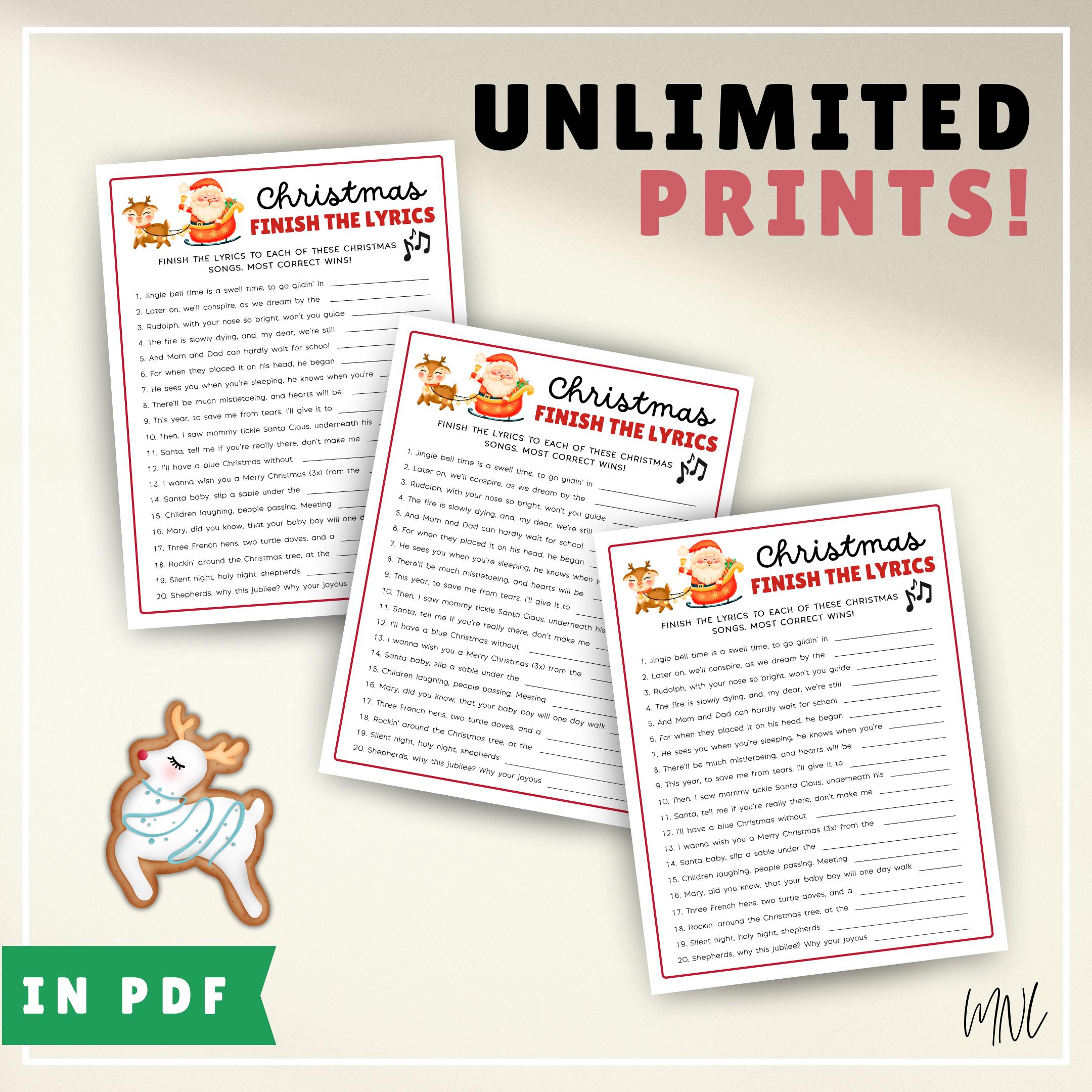 Christmas Song Game Finish the Lyrics Printable Christmas Party Game ...