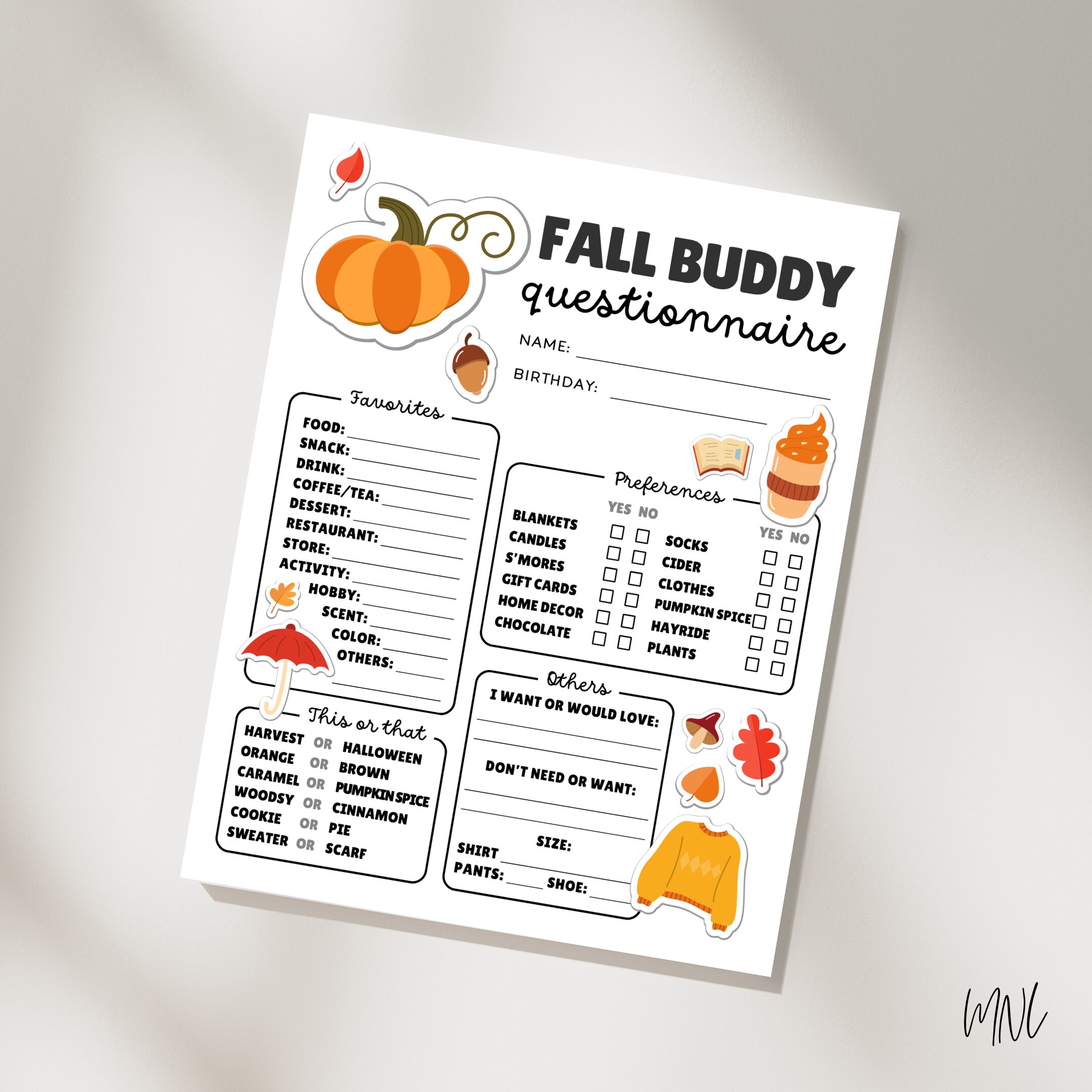 Fall Questionnaire for Fall Gift Exchange, Fall Buddy Questionnaire ...