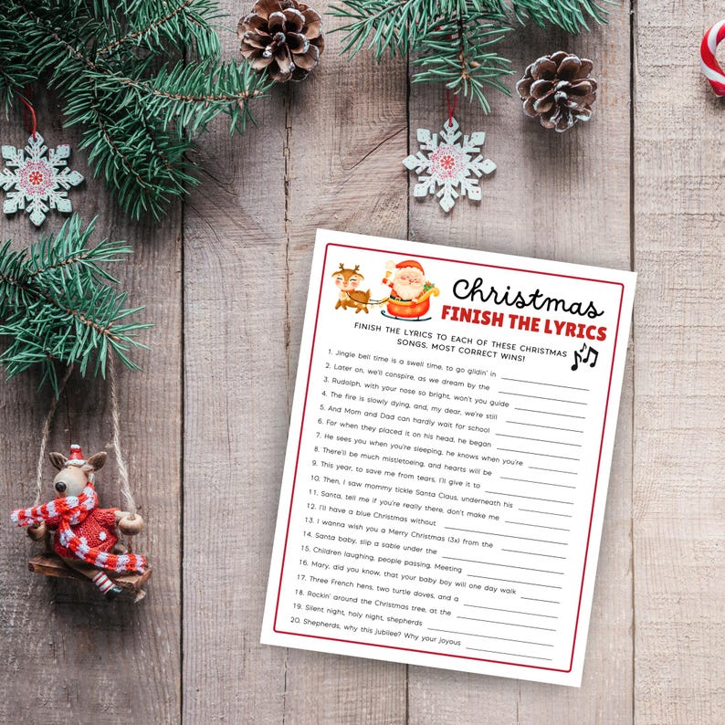 Christmas Song Game Finish the Lyrics Printable Christmas Party Game ...