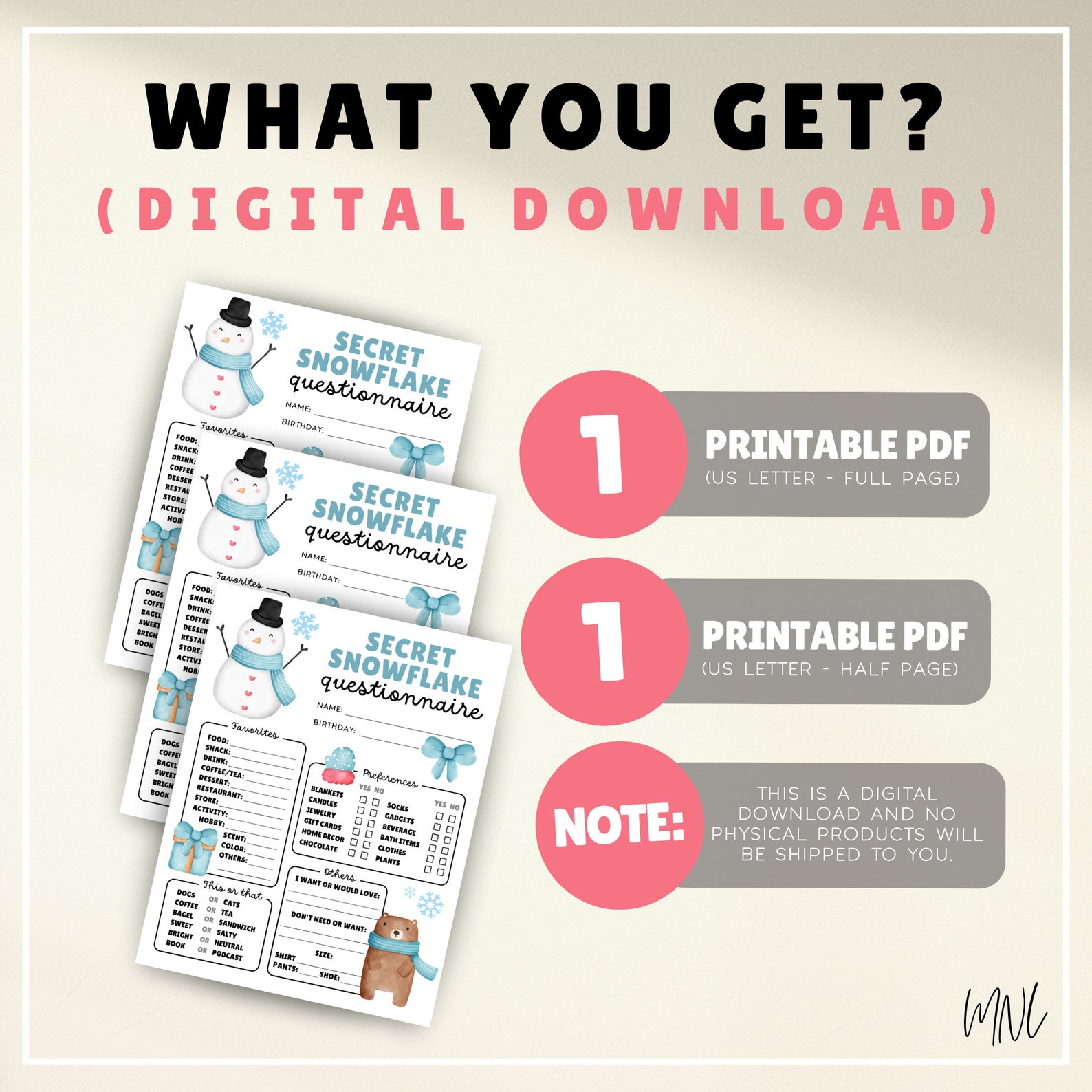 Secret Snowflake Questionnaire for Christmas Party Work Gift Exchange ...