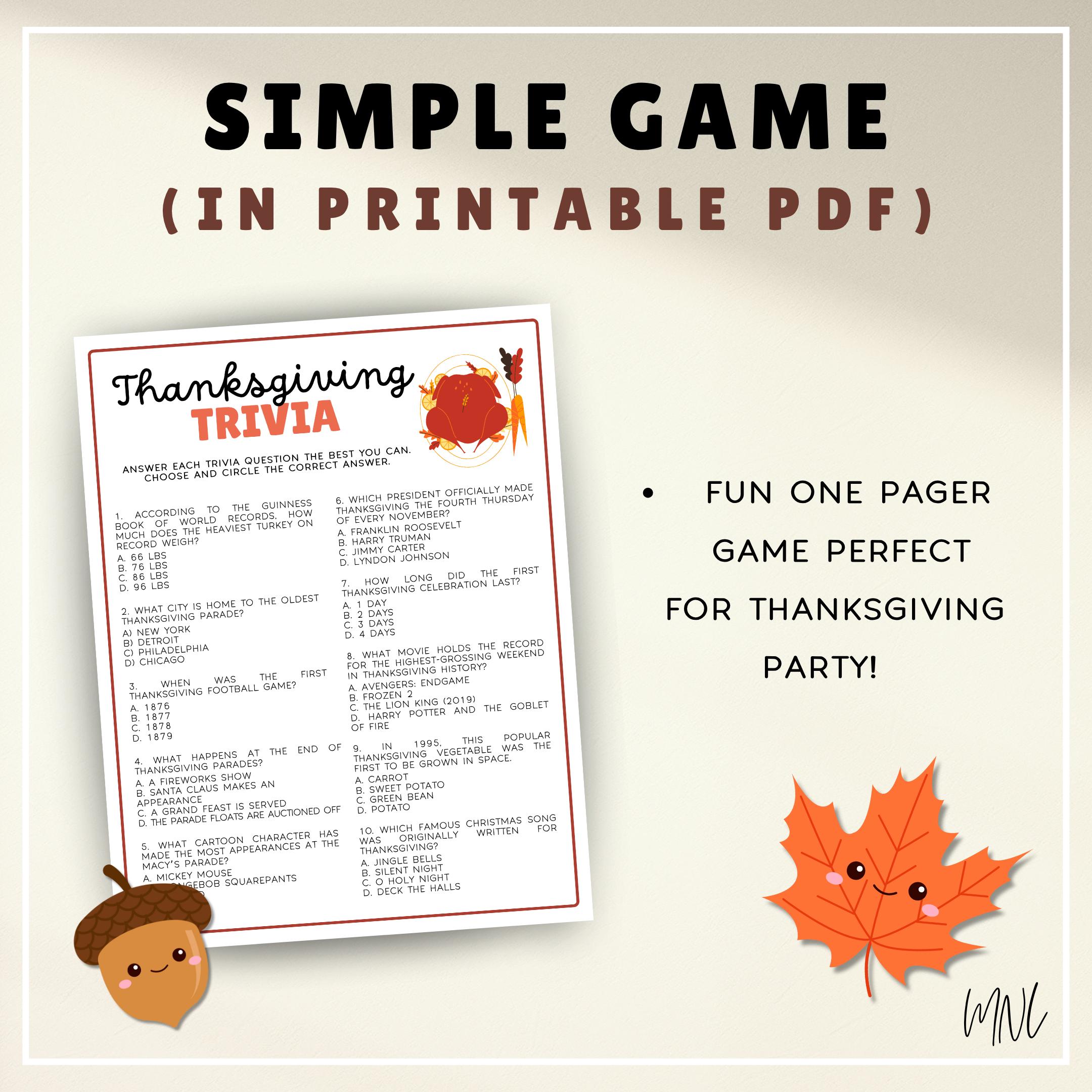 Thanksgiving Trivia Game for Thanksgiving Party, Printable Thanksgiving ...