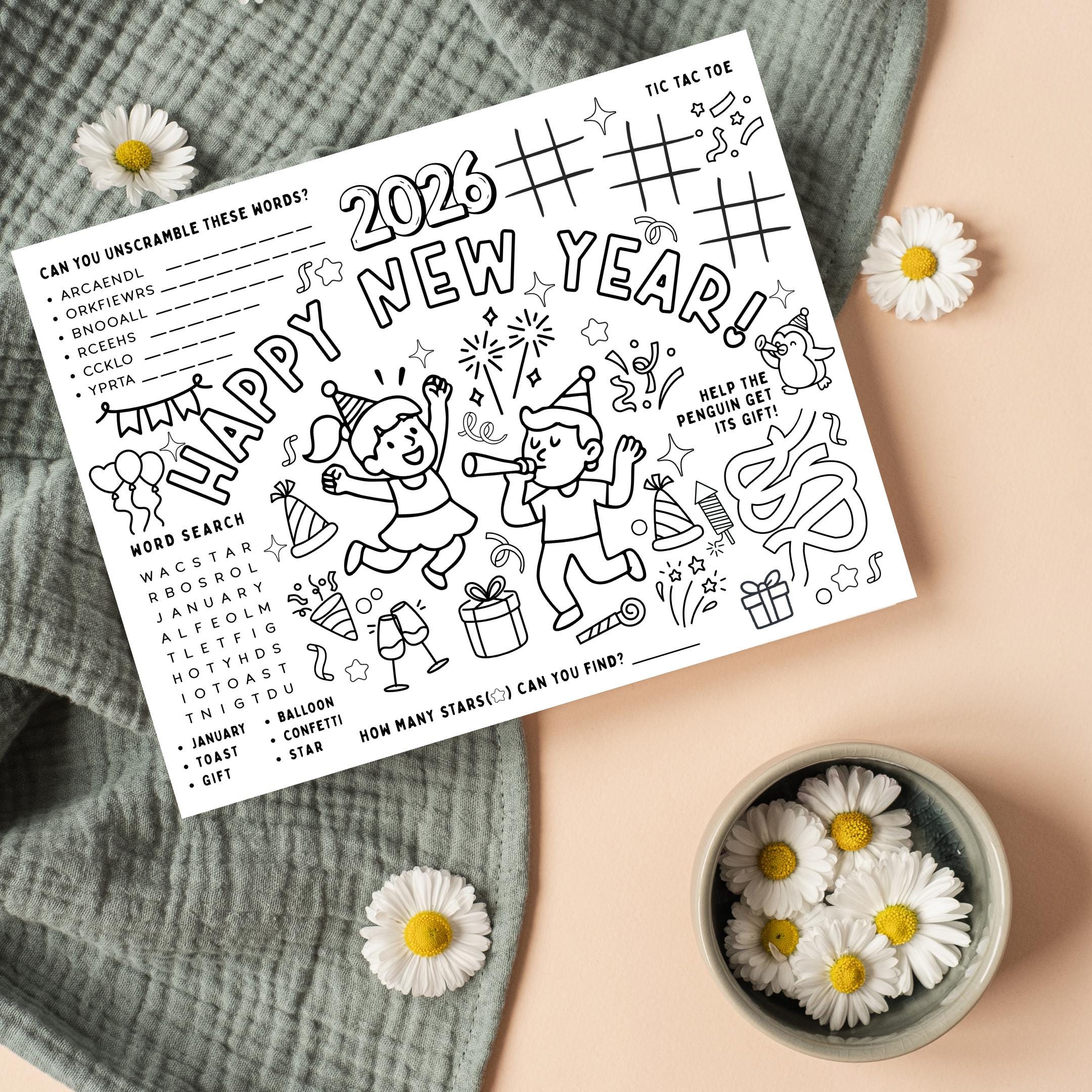 Happy New Year Coloring Placemat, Printable New Year Kids Activity for ...