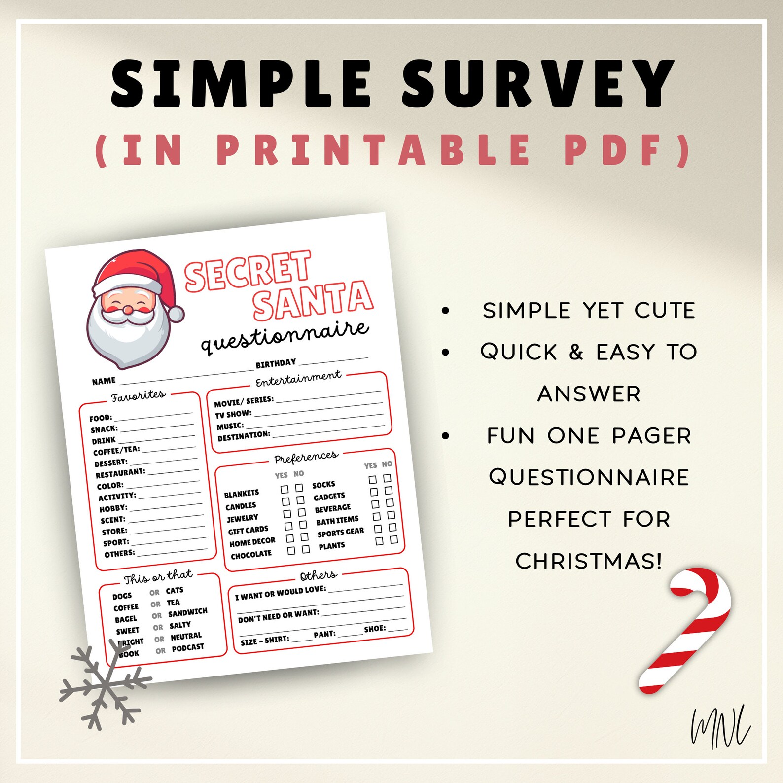 Secret Santa Questionnaire for Christmas Party Work Gift Exchange Gift ...