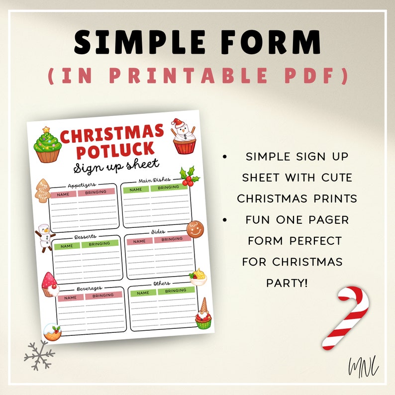 Christmas Potluck Sign up Sheet for Christmas Party, Printable ...