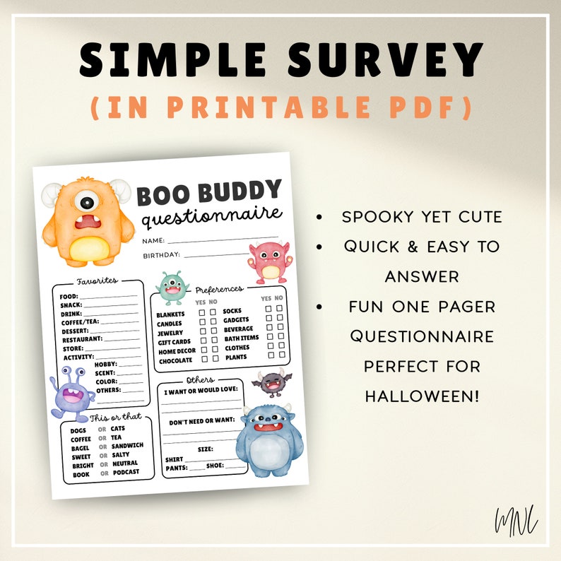 Halloween Boo Buddy Questionnaire: Coworker Survey for Gift Exchange ...