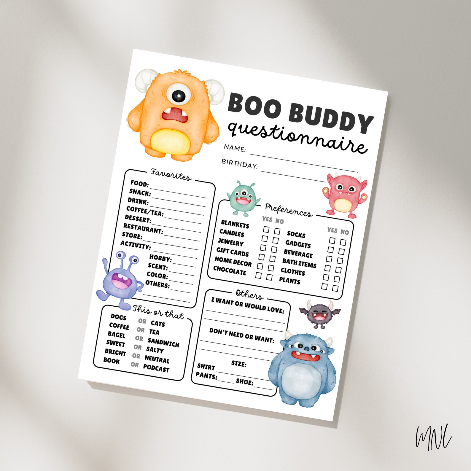 Halloween Boo Buddy Questionnaire: Coworker Survey for Gift Exchange ...