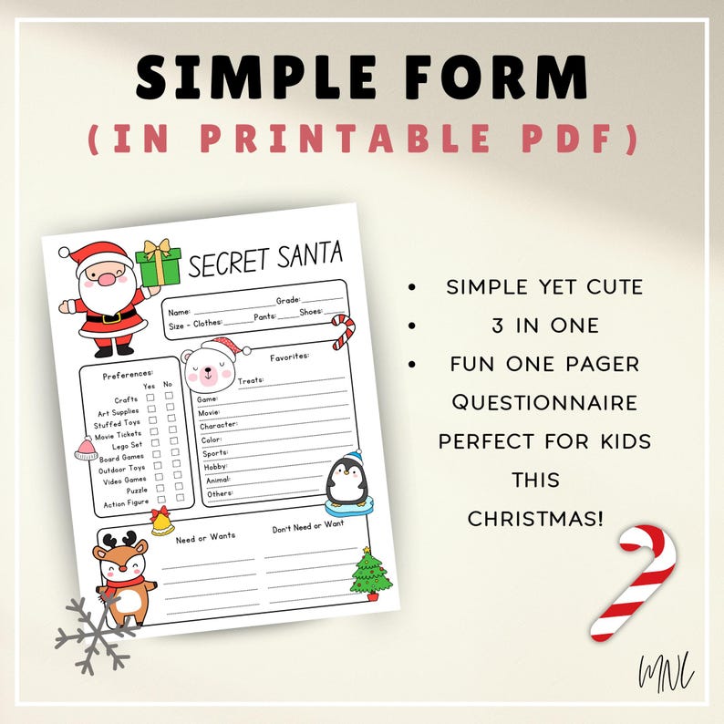 Secret Santa Questionnaire Bundle for Kids Christmas Party Gift ...