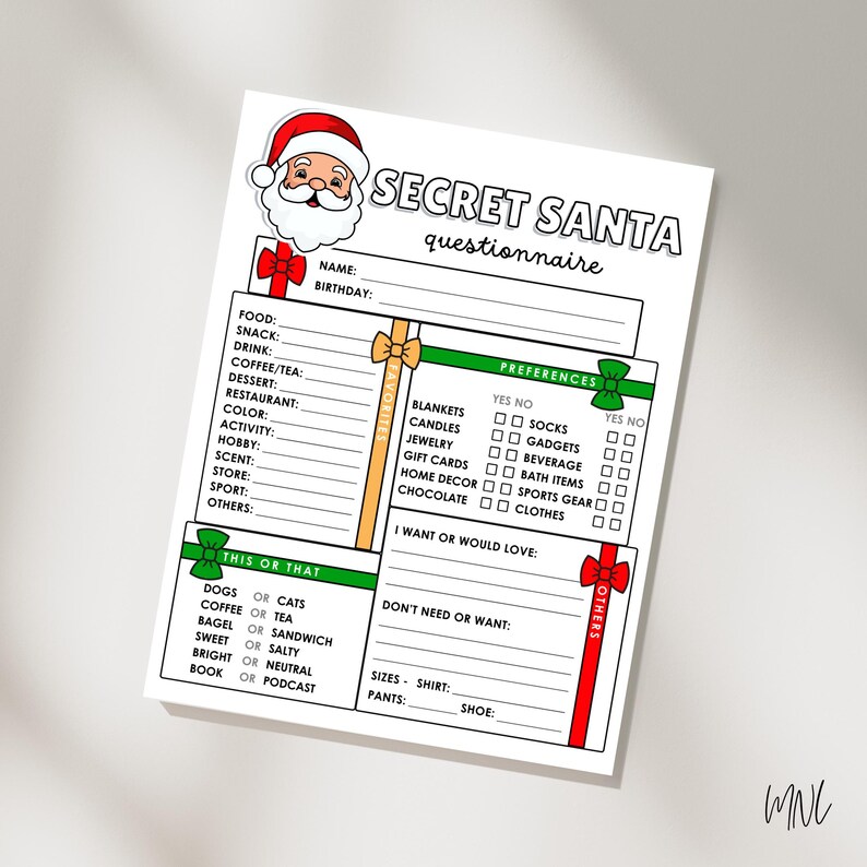 Secret Santa Questionnaire for Christmas Party Work Gift Exchange Gift ...