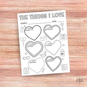 Valentine’s Day Kids Activity Coloring Page – Things I Love, Valentines ...