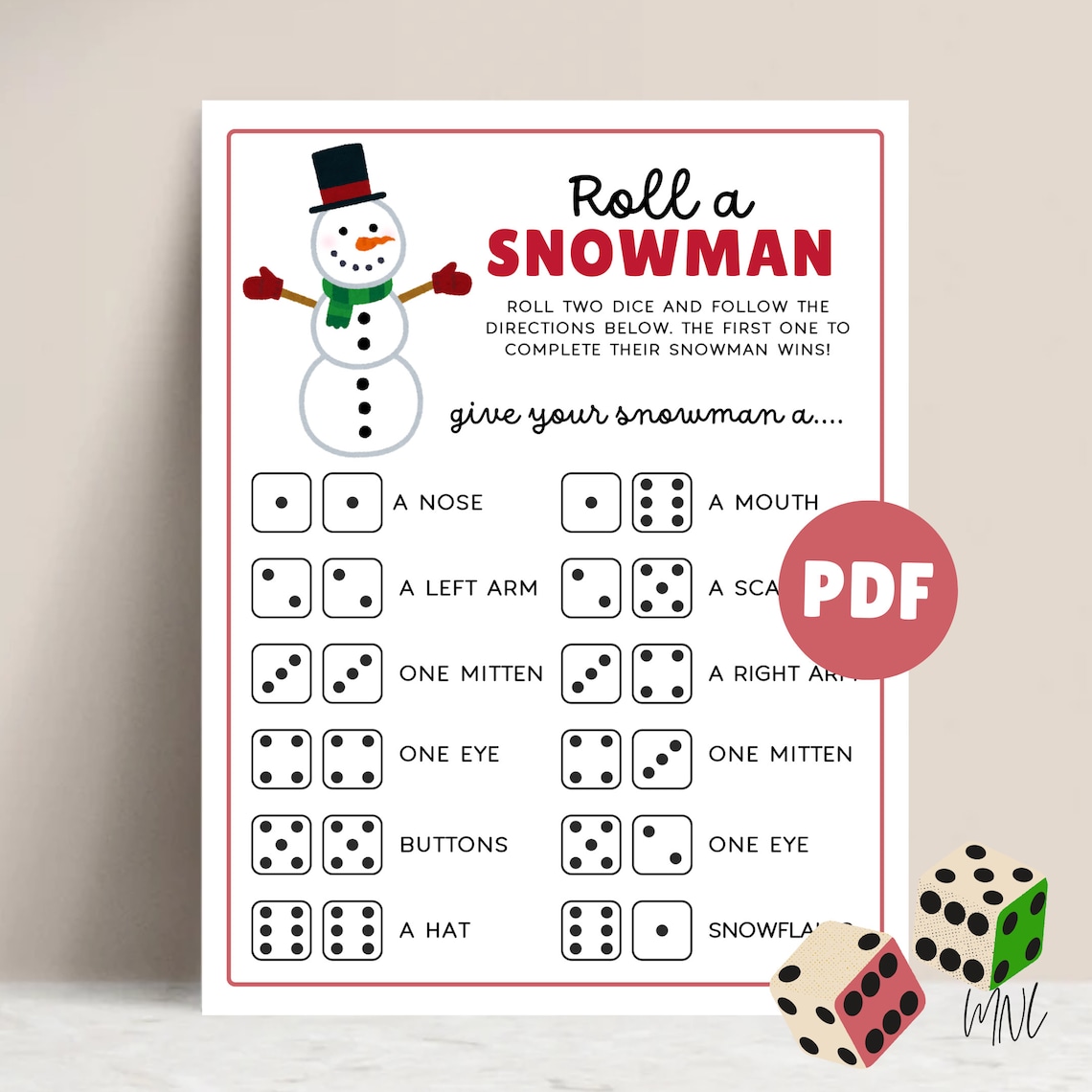 Roll a Snowman Game for Christmas Party Game, Christmas Activity for ...